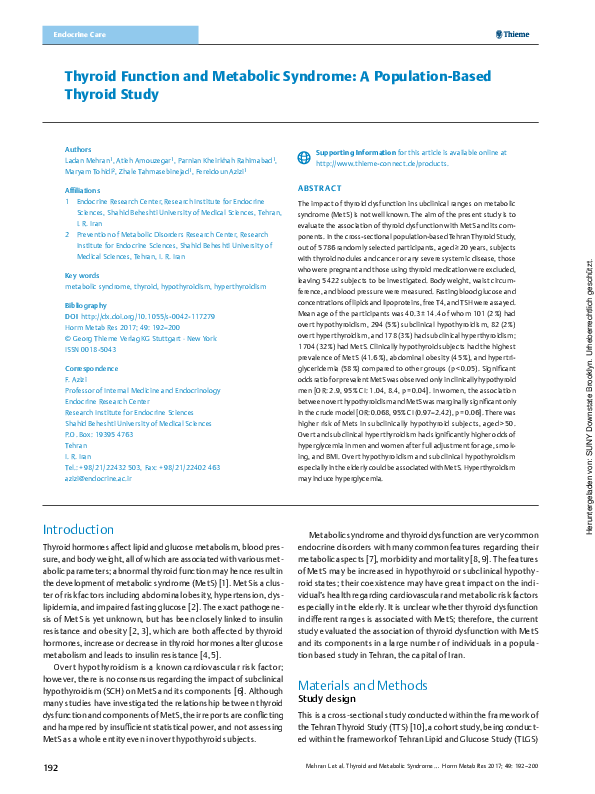(PDF) Thyroid Function and Metabolic Syndrome: A Population-Based ...