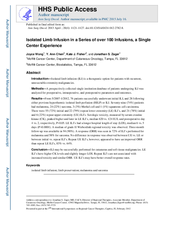 (PDF) Isolated Limb Infusion in a Series of Over 100 Infusions: A ...