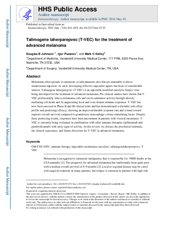 (PDF) Talimogene laherparepvec (T-VEC) for the treatment of advanced ...