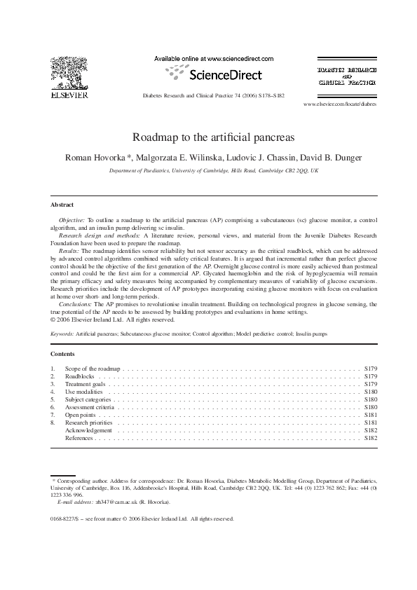 (PDF) Roadmap to the artificial pancreas