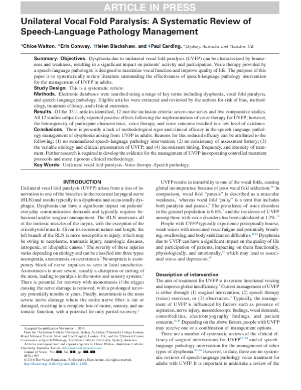 (PDF) Unilateral Vocal Fold Paralysis: A Systematic Review of Speech ...