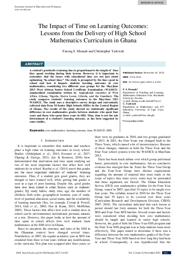 (PDF) The Impact of Time on Learning Outcomes: Lessons from the ...
