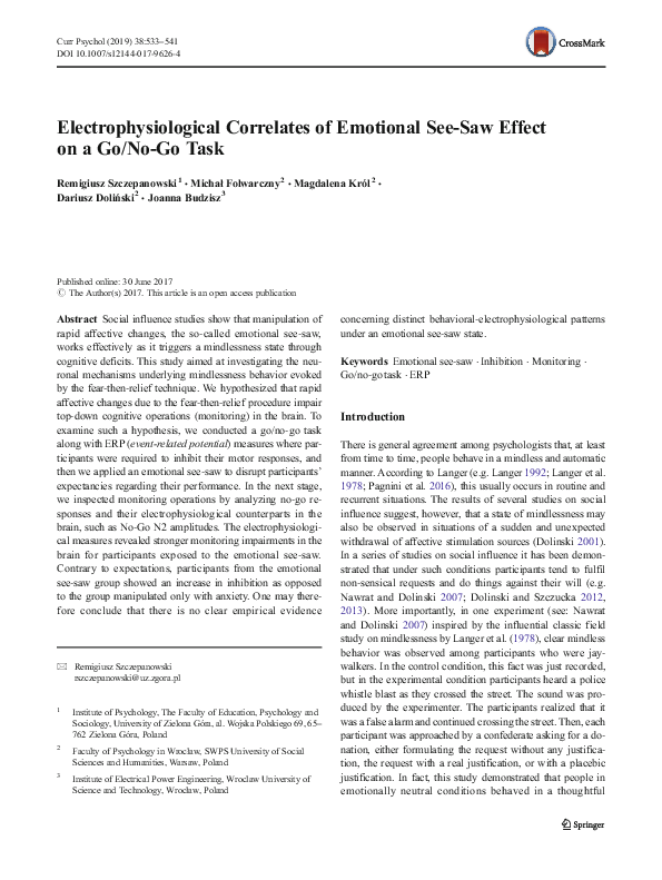 (PDF) Electrophysiological Correlates of Emotional See-Saw Effect on a ...