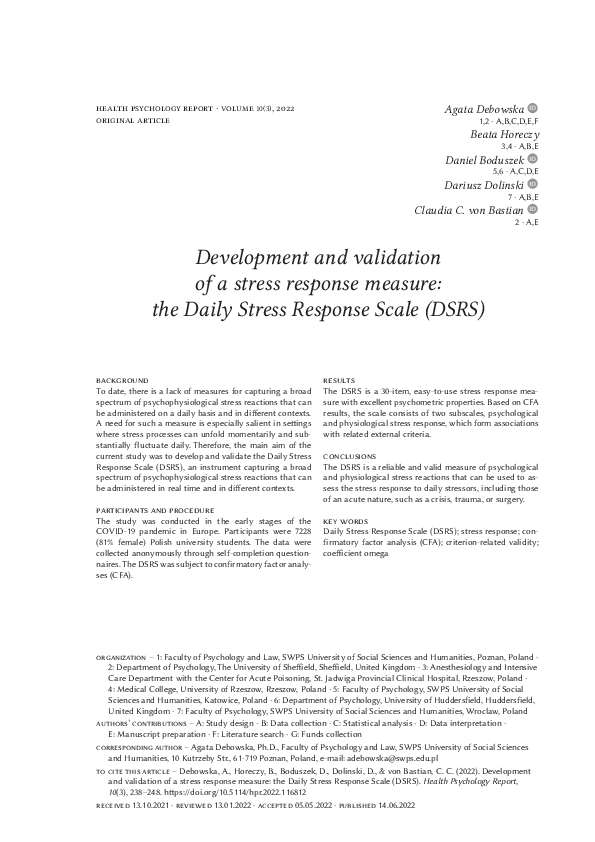 (PDF) Development and validation of a stress response measure: the ...