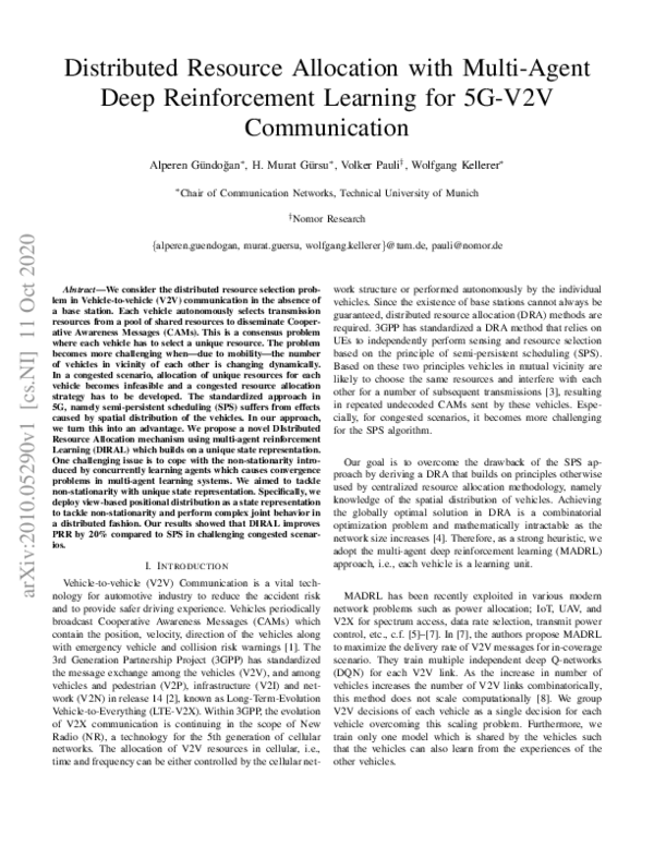 (PDF) Distributed resource allocation with multi-agent deep reinforcement learning for 5G-V2V ...