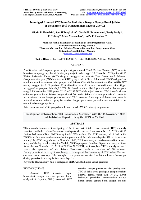 (PDF) Investigasi Anomali TEC Ionosfer Berkaitan Dengan Gempa Bumi Jailolo 15 Nopember 2019 ...