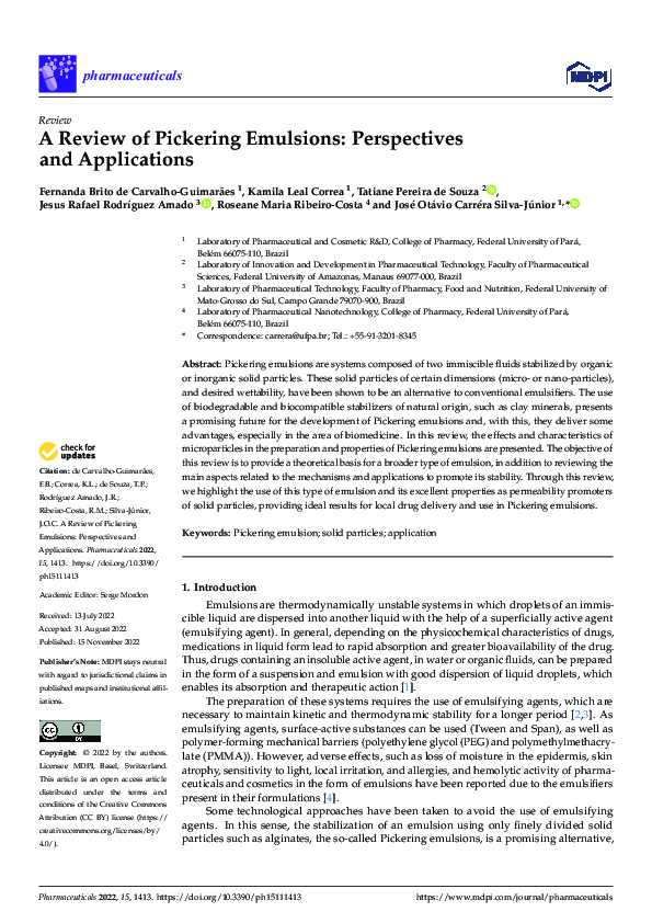 (PDF) A Review of Pickering Emulsions: Perspectives and Applications (PDF) A Review of Pickering Emulsions: Perspectives and Applications