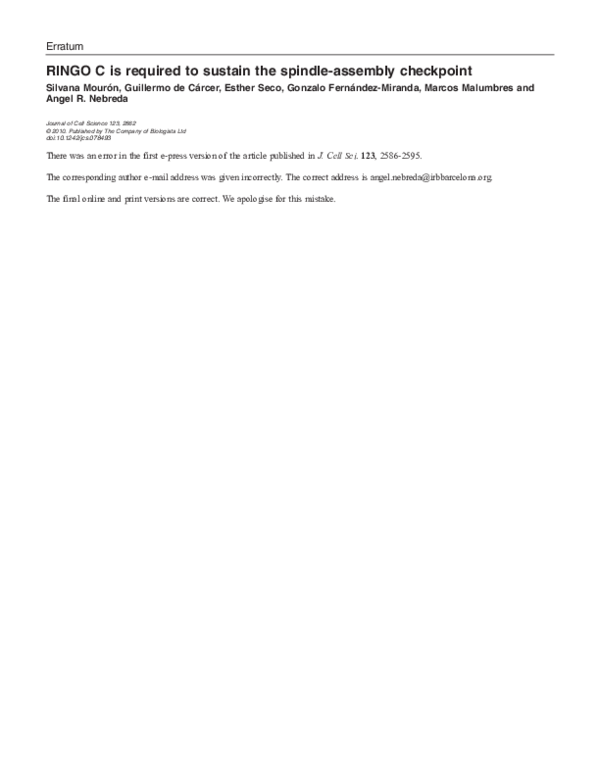 (PDF) RINGO C is required to sustain the spindle-assembly checkpoint