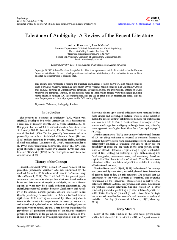 (PDF) Tolerance of Ambiguity: A Review of the Recent Literature