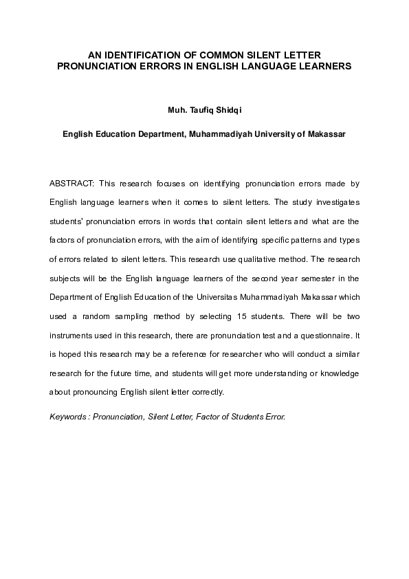 (PDF) AN IDENTIFICATION OF COMMON SILENT LETTER PRONUNCIATION ERRORS IN ENGLISH LANGUAGE LEARNERS