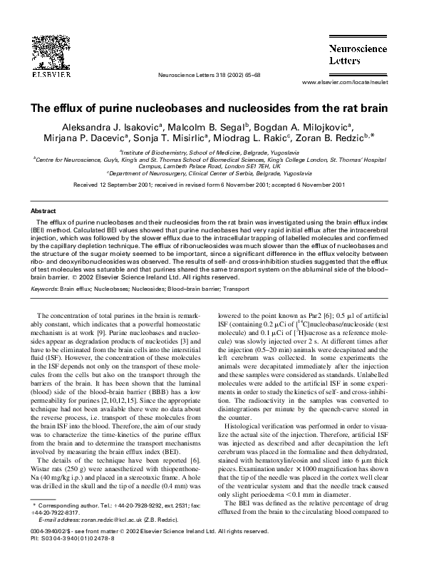 (PDF) The efflux of purine nucleobases and nucleosides from the rat brain