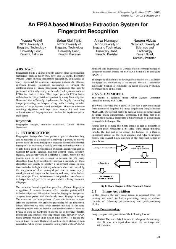 (PDF) An FPGA based Minutiae Extraction System for Fingerprint Recognition