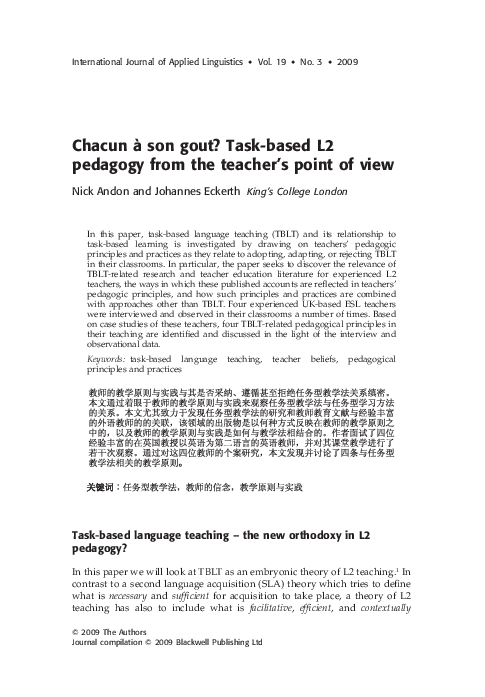 (PDF) Chacun à son gout? Task‐based L2 pedagogy from the teacher's point of view