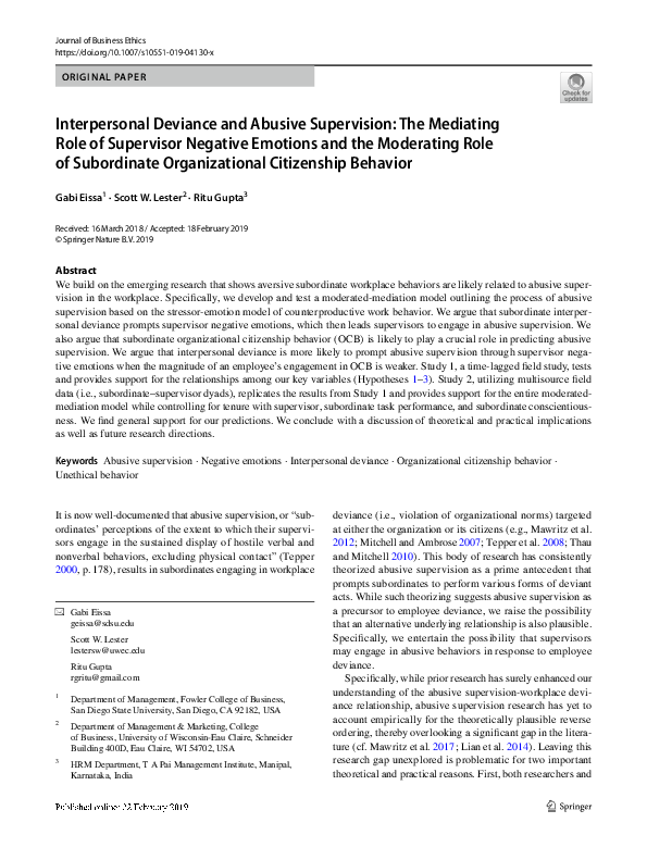 (PDF) Interpersonal Deviance and Abusive Supervision: The Mediating ...