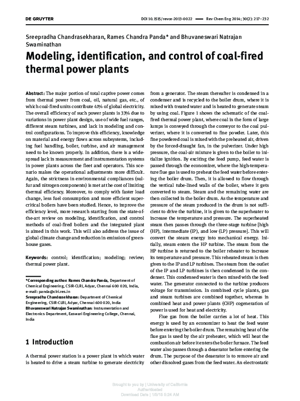 (PDF) Modeling, identification, and control of coal-fired thermal power plants