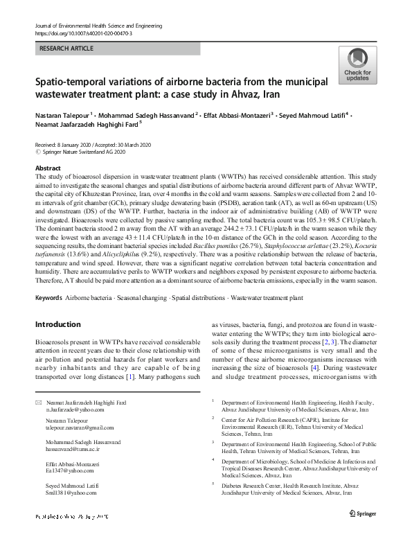 (PDF) Spatio-temporal variations of airborne bacteria from the municipal wastewater treatment ...