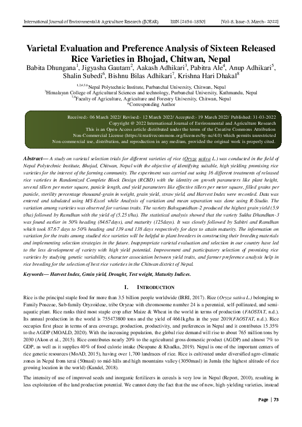 (PDF) Varietal Evaluation and Preference Analysis of Sixteen Released Rice Varieties in Bhojad ...