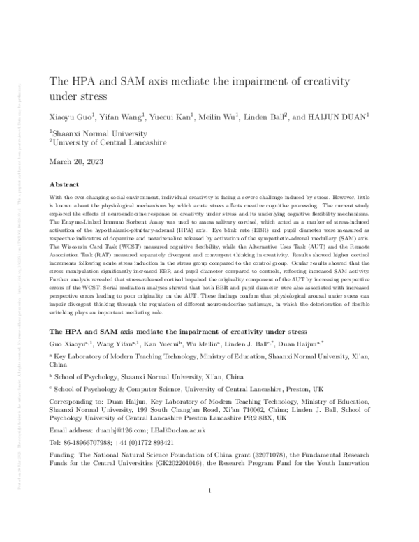 (PDF) The HPA and SAM axis mediate the impairment of creativity under ...