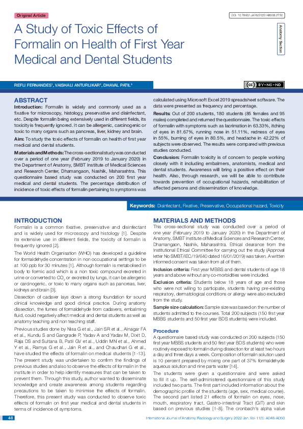 (PDF) A Study of Toxic Effects of Formalin on Health of First Year ...