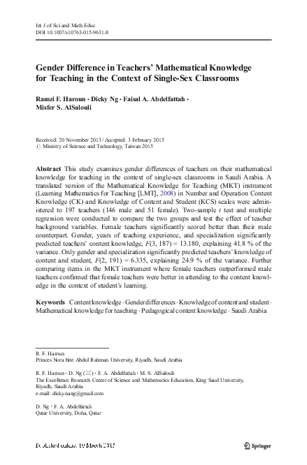 Pdf Gender Difference In Teachers Mathematical Knowledge For