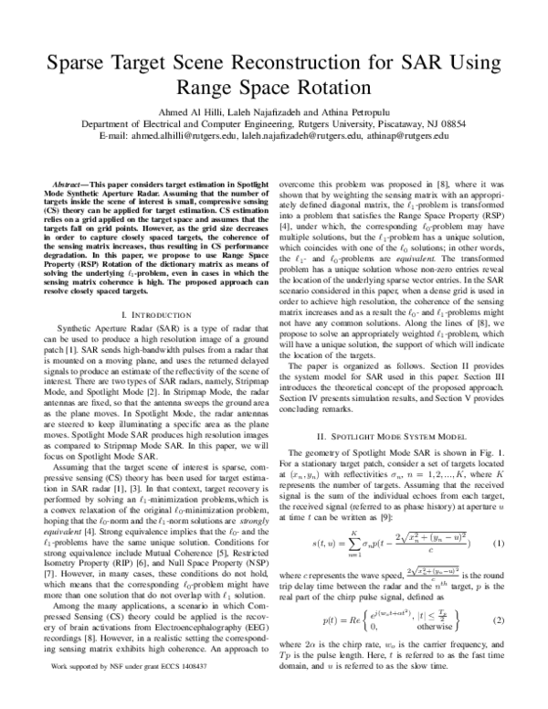 (PDF) Sparse target scene reconstruction for SAR using range space rotation
