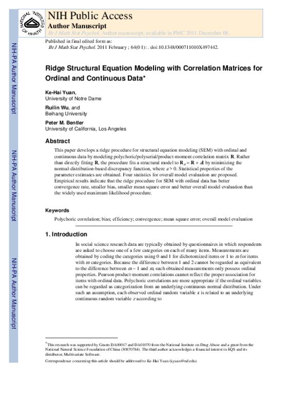 (PDF) Ridge structural equation modelling with correlation matrices for ordinal and continuous data