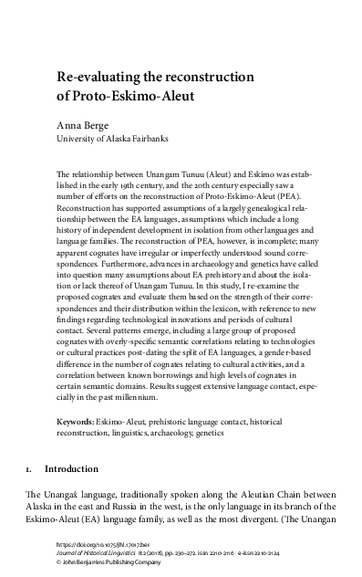 (PDF) Re-evaluating the reconstruction of Proto-Eskimo-Aleut