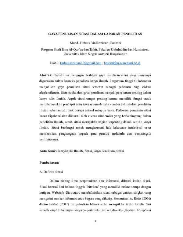 (PDF) GAYA PENULISAN SITASI DALAM LAPORAN PENELITIAN