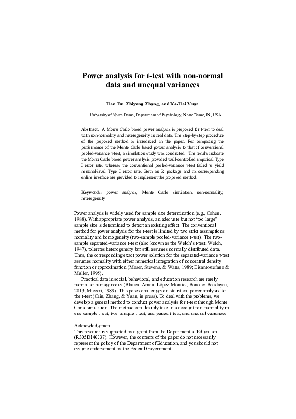 (PDF) Power Analysis for t-Test with Non-normal Data and Unequal Variances