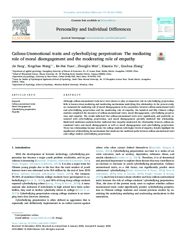 (PDF) Callous-Unemotional traits and cyberbullying perpetration: The ...
