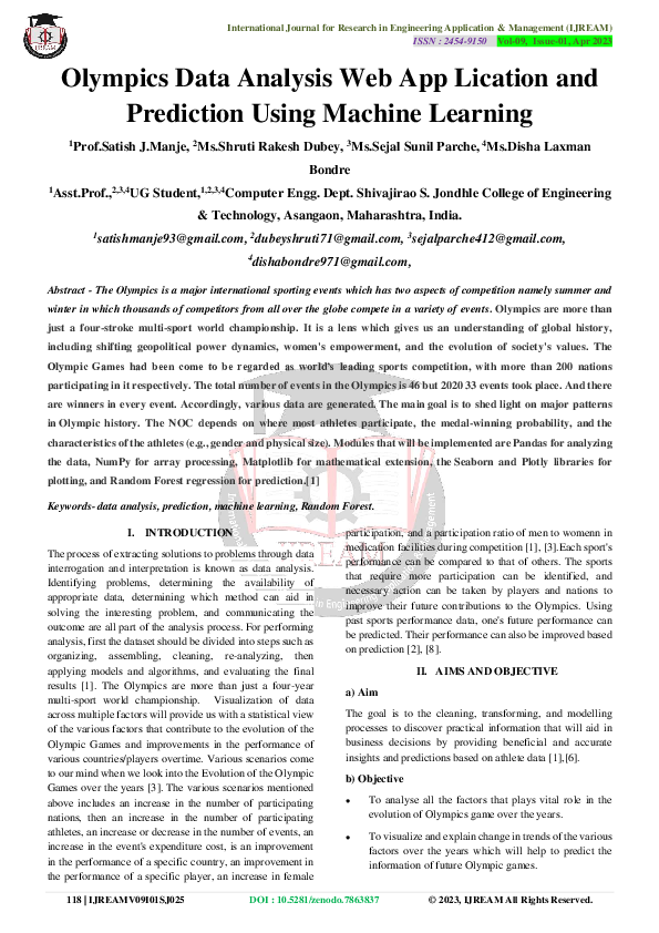 (PDF) Olympics Data Analysis Web App Lication and Prediction Using ...
