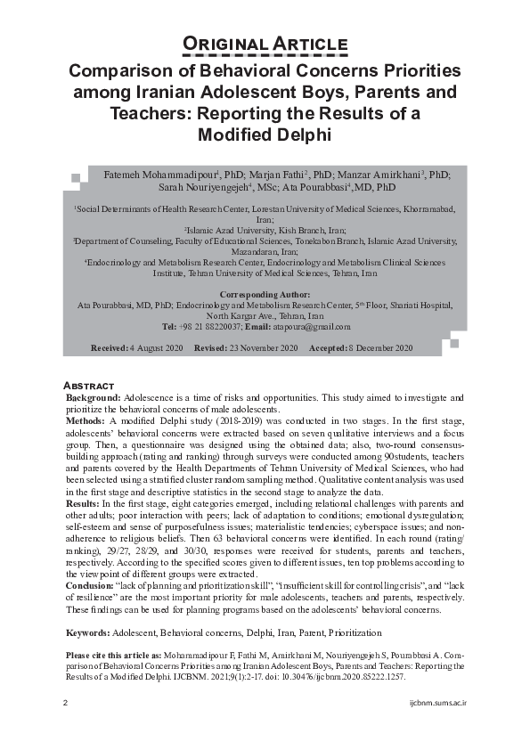 (PDF) Comparison of Behavioral Concerns Priorities among Iranian ...