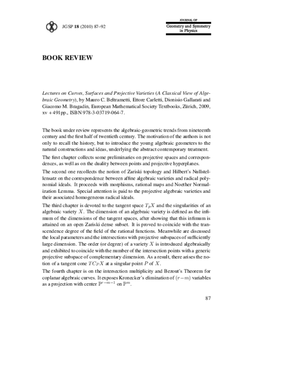 Pdf Lectures On Curves Surfaces And Projective Varieties