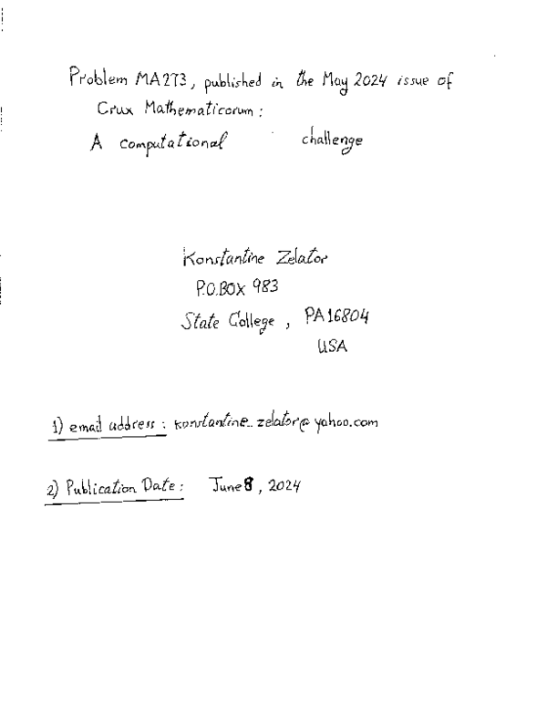 (PDF) Problem MA273 , published in the May 2024 issue of Crux Mathematicorum: A computational ...