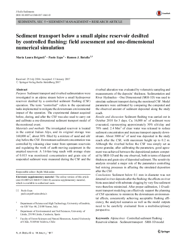 (PDF) Sediment transport below a small alpine reservoir desilted by controlled flushing: field ...