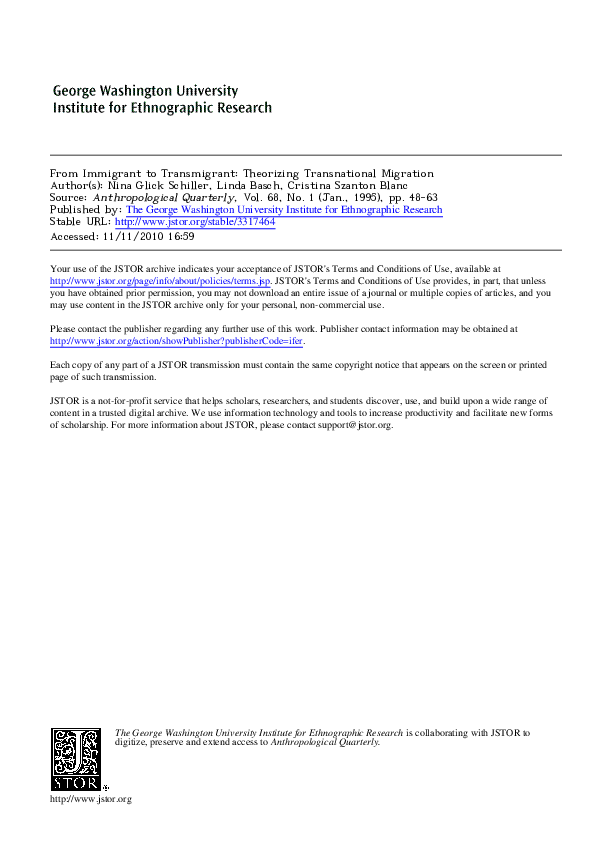 (PDF) From Immigrant to Transmigrant: Theorizing Transnational Migration