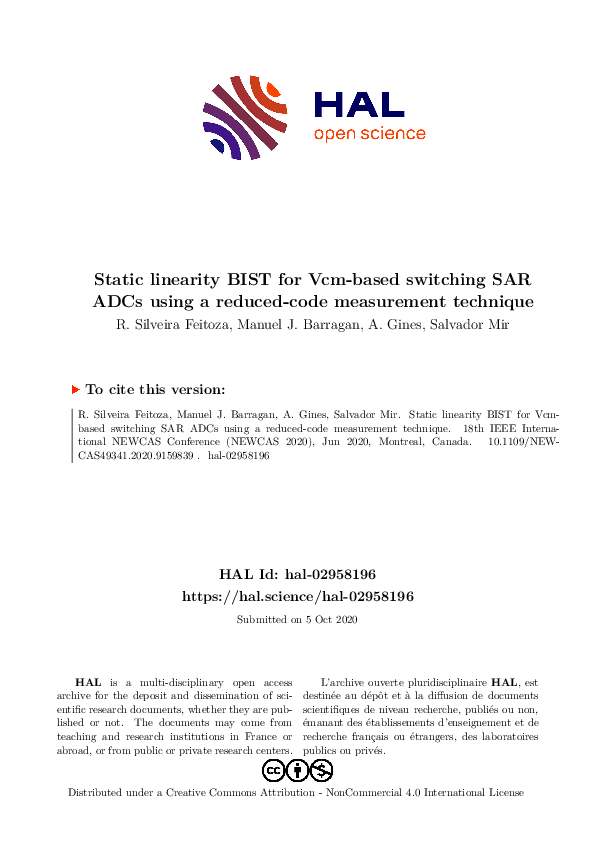 Pdf Static Linearity Bist For V {cm} Based Switching Sar Adcs Using A Reduced Code