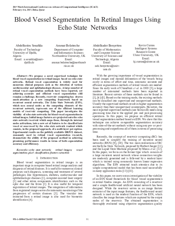 (PDF) Blood vessel segmentation in retinal images using echo state networks