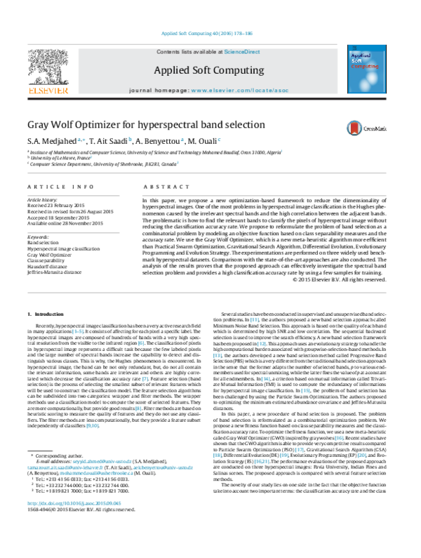 (PDF) Gray Wolf Optimizer for hyperspectral band selection | aek beny - Academia.edu