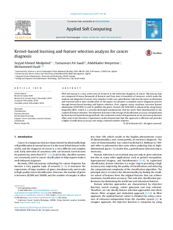 (PDF) Kernel-based learning and feature selection analysis for cancer diagnosis