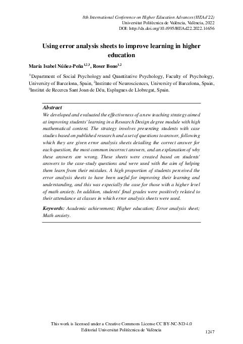 (PDF) Using error analysis sheets to improve learning in higher education