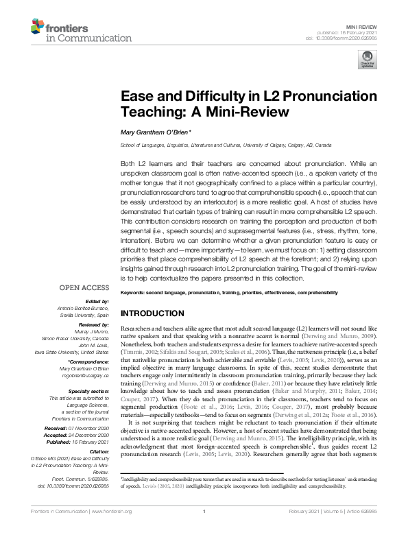 (PDF) Ease and Difficulty in L2 Pronunciation Teaching: A Mini-Review
