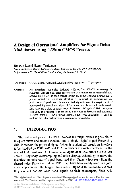 (PDF) A Design of Operational Amplifiers for Sigma Delta Modulators using 0.35um CMOS Process