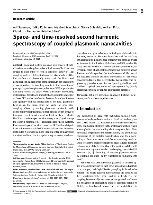 (PDF) Space- and time-resolved second harmonic spectroscopy of coupled plasmonic nanocavities