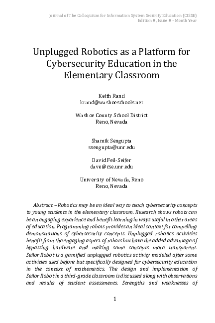(PDF) Unplugged Robotics as a Platform for Cybersecurity Education in ...