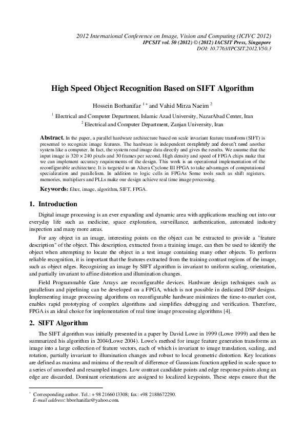 (PDF) High Speed Object Recognition Based on SIFT Algorithm