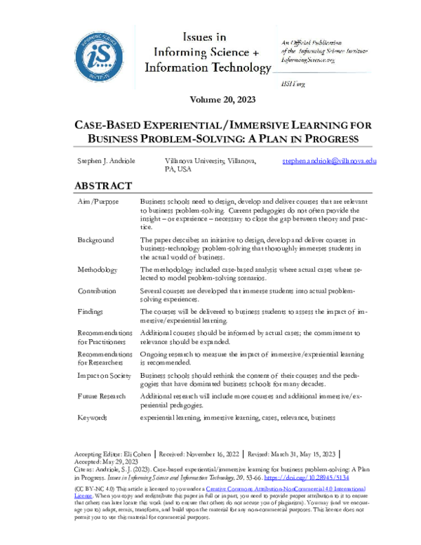 (PDF) Case-Based Experiential/Immersive Learning for Business Problem-Solving: A Plan in Progress
