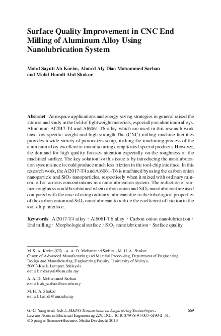 (PDF) Surface Quality Improvement in CNC End Milling of Aluminum Alloy Using Nanolubrication System