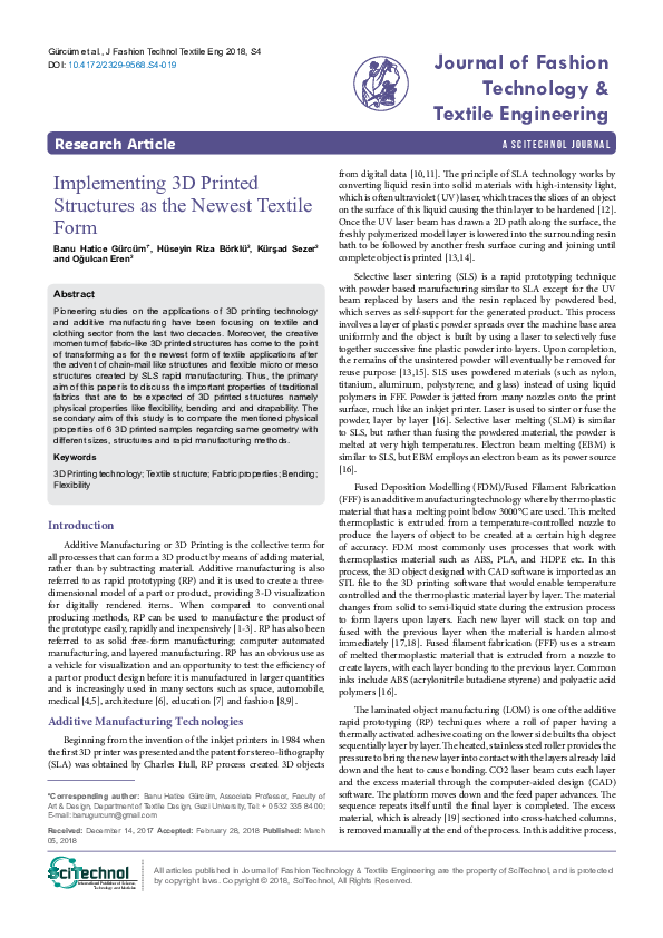 (PDF) Implementing 3D Printed Structures as the Newest Textile Form