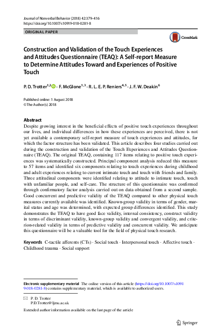 (PDF) Construction and Validation of the Touch Experiences and Attitudes Questionnaire (TEAQ): A ...